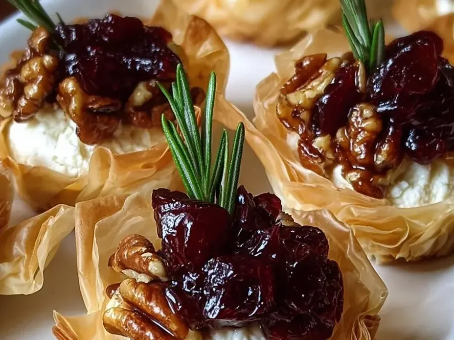 Mini Phyllo Cups with Brie, Pecans & Cranberry Drizzle | Easy Holiday ...