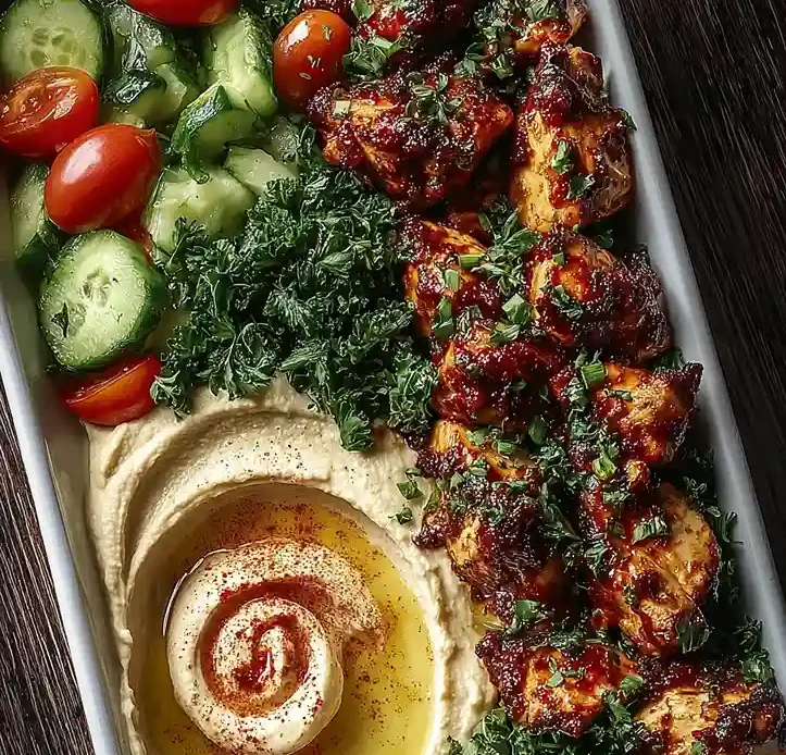 Spicy Garlic Chicken Bowl with Hummus & Cucumber Salad