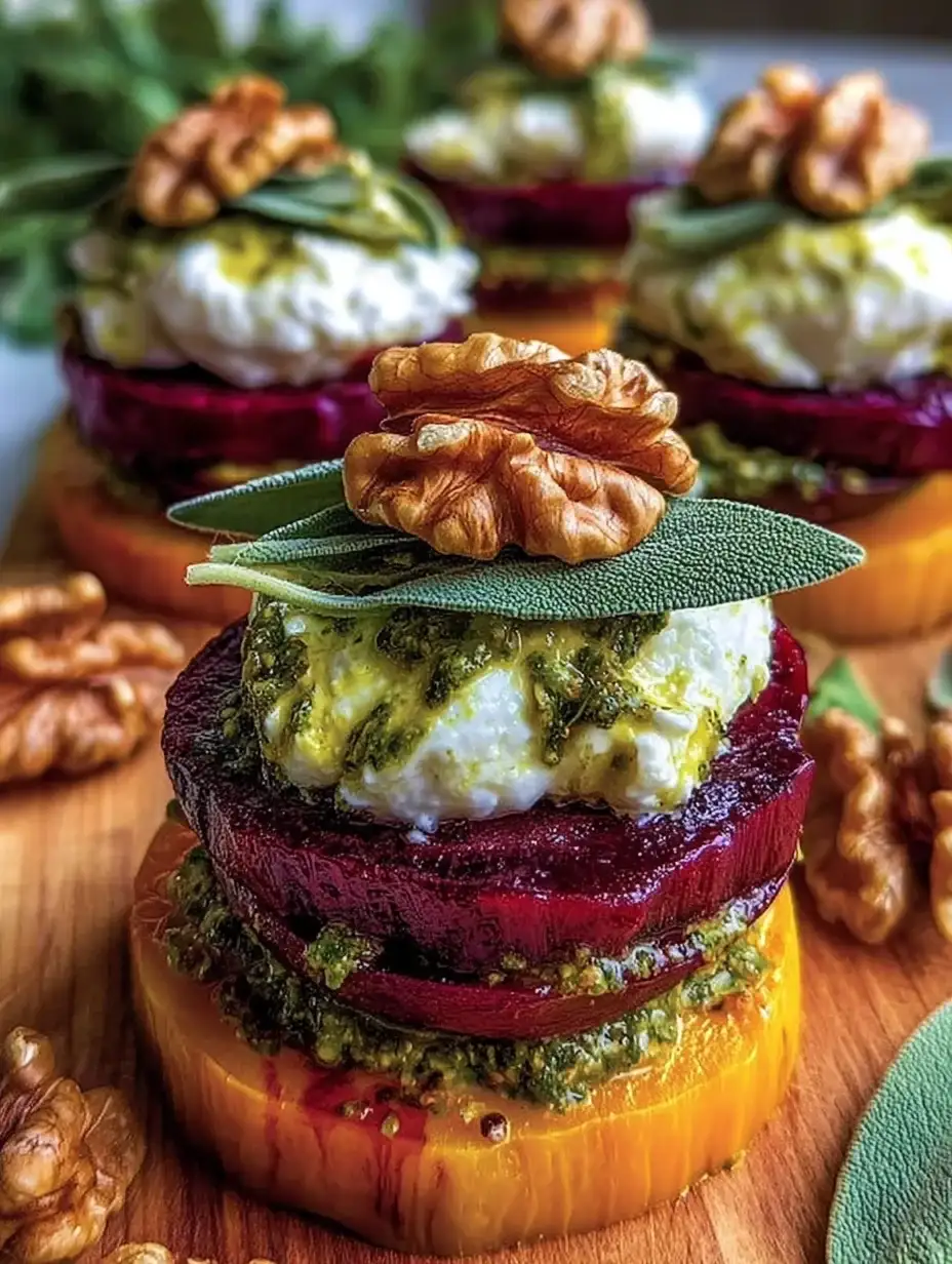 Sweet Potatoes & Beet Stacks with Pesto Burrata & Walnuts Recipe