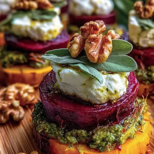 Sweet Potatoes & Beet Stacks with Pesto Burrata & Walnuts Recipe