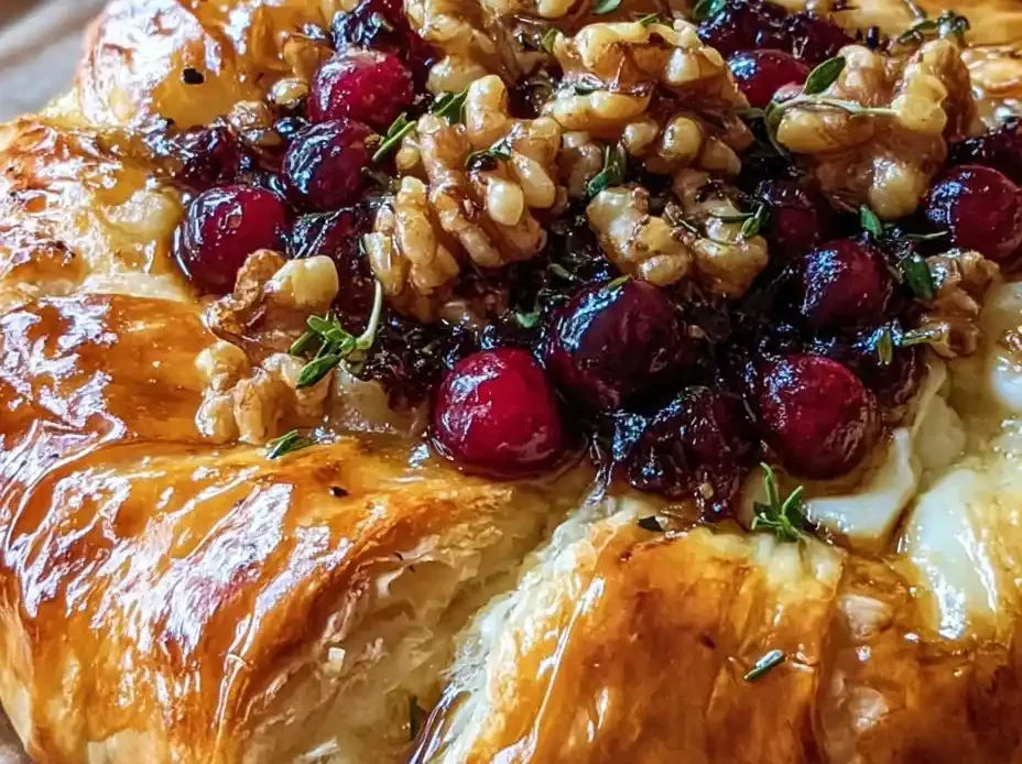 Cheesy Brie Tart with Cranberries, Walnuts & Hot Honey