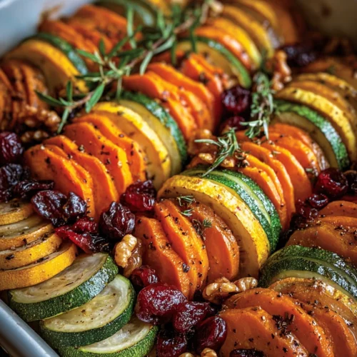 Layered Sweet Potato Squash Carrot Bake with Cranberry Maple