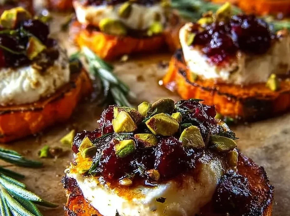 Sweet Potato Rounds with Brie, Cranberry & Pistachio